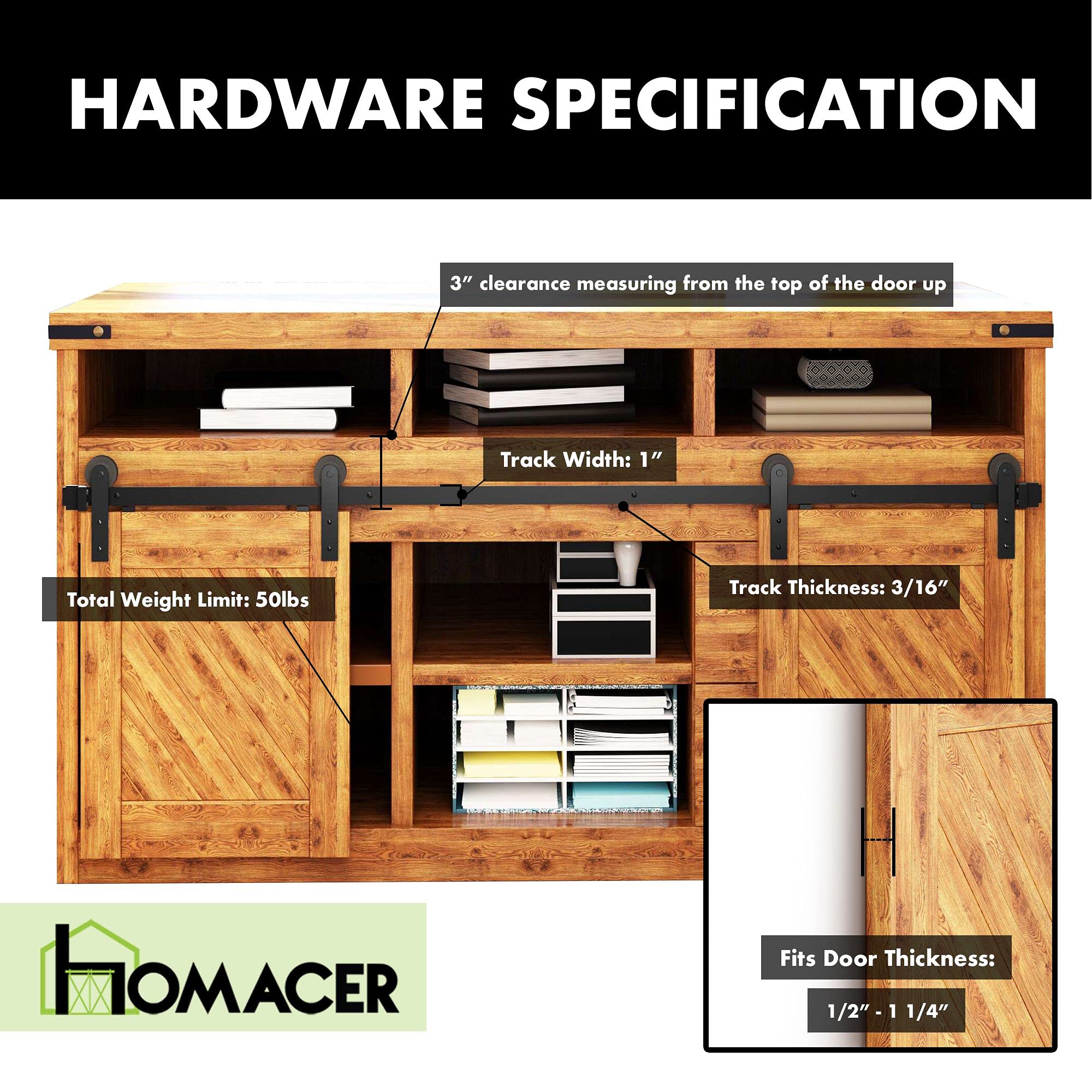 Homacer Mini Black Rustic Non-Bypass Sliding Barn Door Hardware Kit, for Two/Double Doors, 60-inch Long Flat Track, Straight Design Roller, Cabinet TV Stand Console Use…