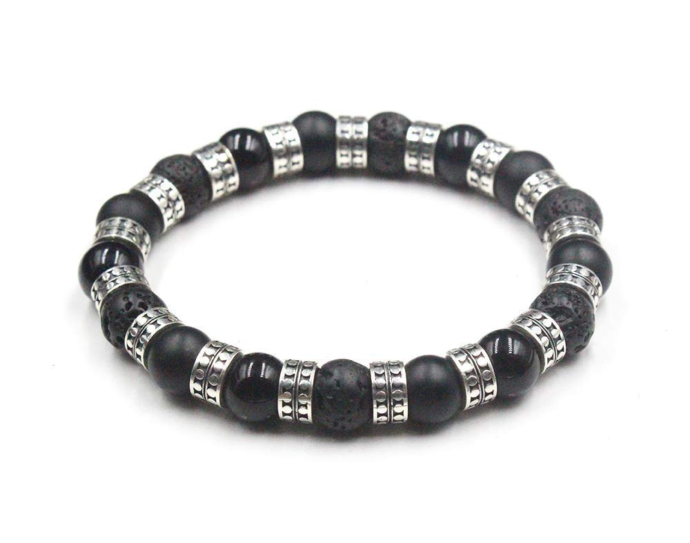 Mixed Black Stone and Sterling Silver Bracelet, Lava Stone, Matte Black, Polished Onyx, Bracelet for Men, Quality Beaded Jewelry