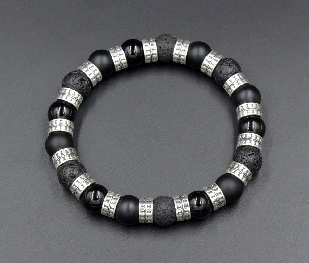 Mixed Black Stone and Sterling Silver Bracelet, Lava Stone, Matte Black, Polished Onyx, Bracelet for Men, Quality Beaded Jewelry