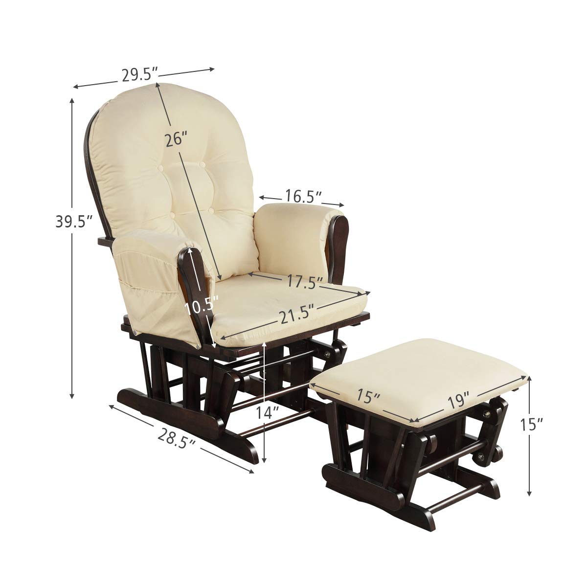 Costzon Nursery Glider with Ottoman, Upholstered Comfort Glider Rocker with Padded Cushion, Storage Pocket, Solid Wood Base, Rocking Chair Nursery for Breastfeeding, Maternity, Napping (Beige)