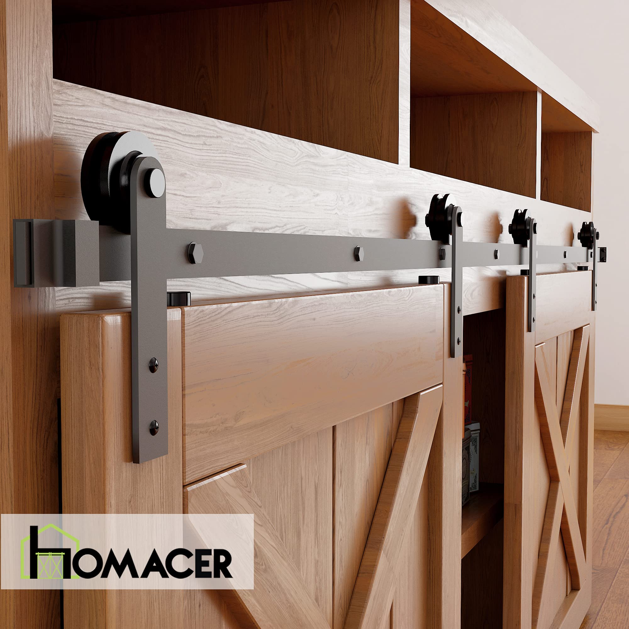Homacer Mini Black Rustic Non-Bypass Sliding Barn Door Hardware Kit, for Two/Double Doors, 60-inch Long Flat Track, Straight Design Roller, Cabinet TV Stand Console Use…