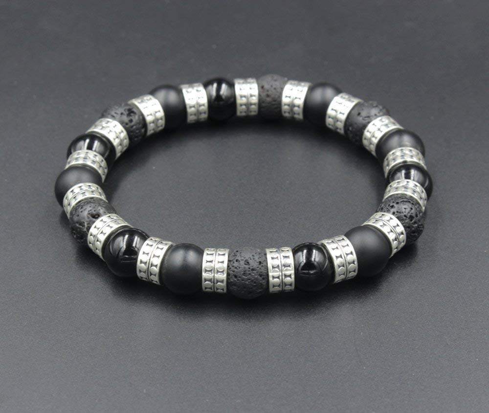 Mixed Black Stone and Sterling Silver Bracelet, Lava Stone, Matte Black, Polished Onyx, Bracelet for Men, Quality Beaded Jewelry