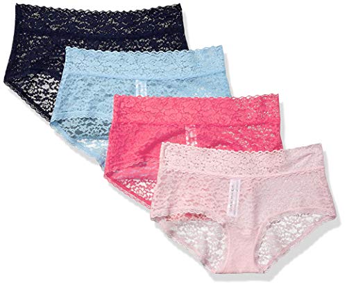 Amazon Essentials Women's Comfortable Lace Stretch Hipster Underwear, Pack of 4, Blue/Pink, Medium