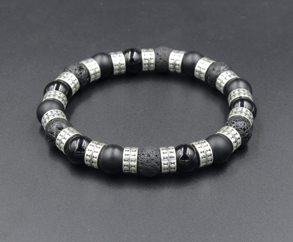 Mixed Black Stone and Sterling Silver Bracelet, Lava Stone, Matte Black, Polished Onyx, Bracelet for Men, Quality Beaded Jewelry