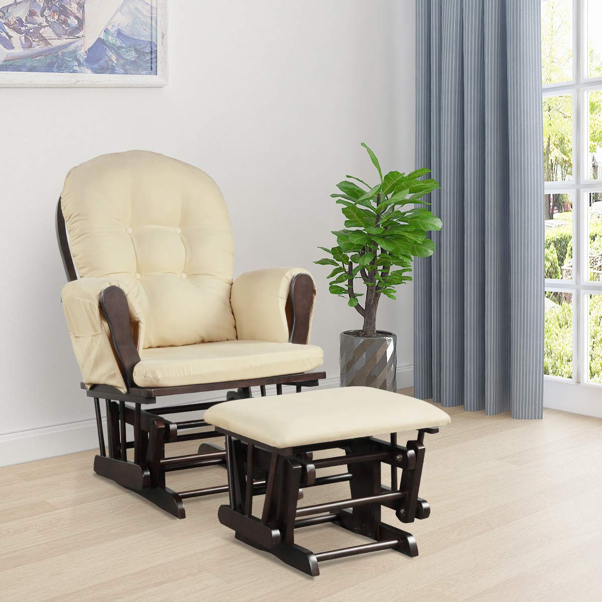 Costzon Nursery Glider with Ottoman, Upholstered Comfort Glider Rocker with Padded Cushion, Storage Pocket, Solid Wood Base, Rocking Chair Nursery for Breastfeeding, Maternity, Napping (Beige)