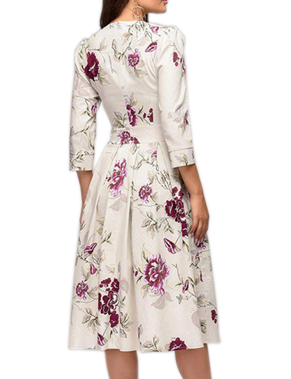 Simple Flavor Women's Floral Vintage Dress Elegant Autumn Midi Evening Dress 3/4 Sleeves (Beige, M)