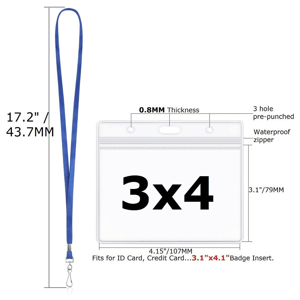 Nametag Badge Holders with Lanyard 3x4 Horizontal Badge Holder Waterproof PVC ID Cards by ZHEGUI (Royal Blue, 100 Pack)