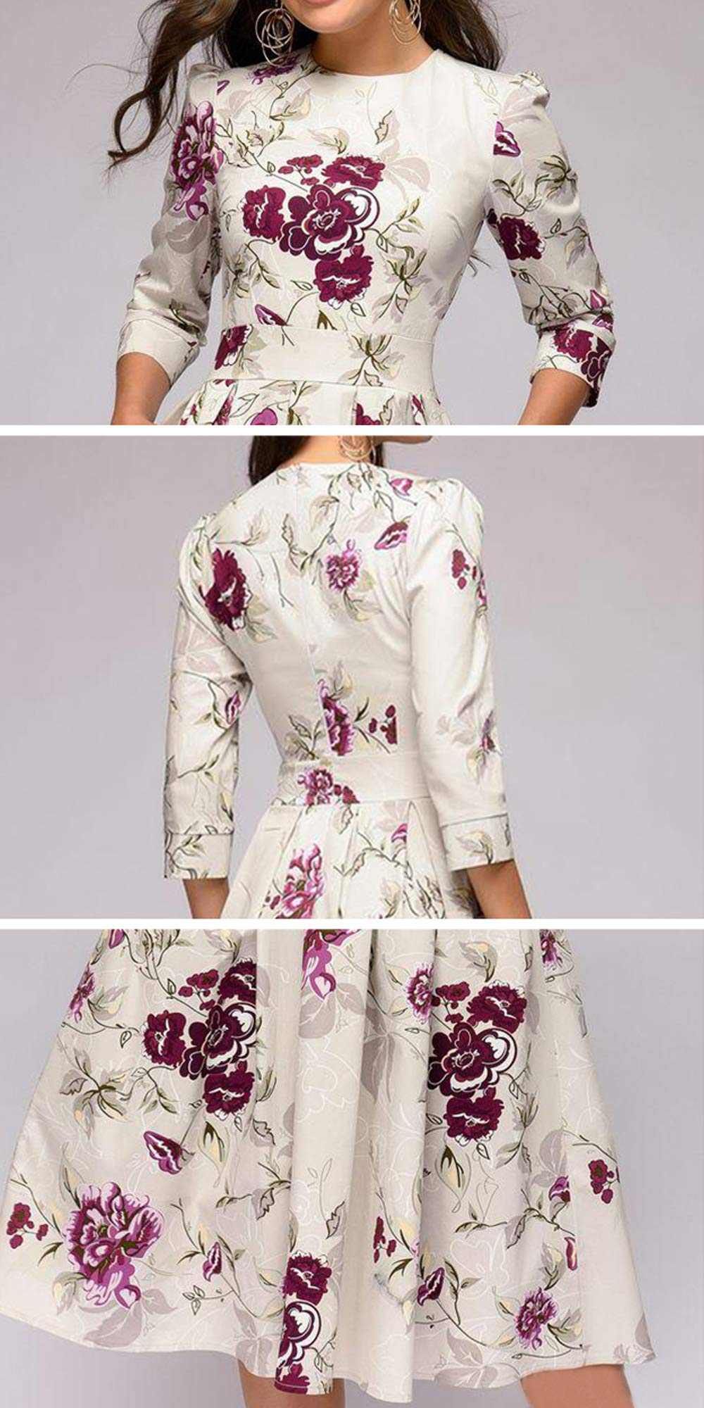 Simple Flavor Women's Floral Vintage Dress Elegant Autumn Midi Evening Dress 3/4 Sleeves (Beige, M)