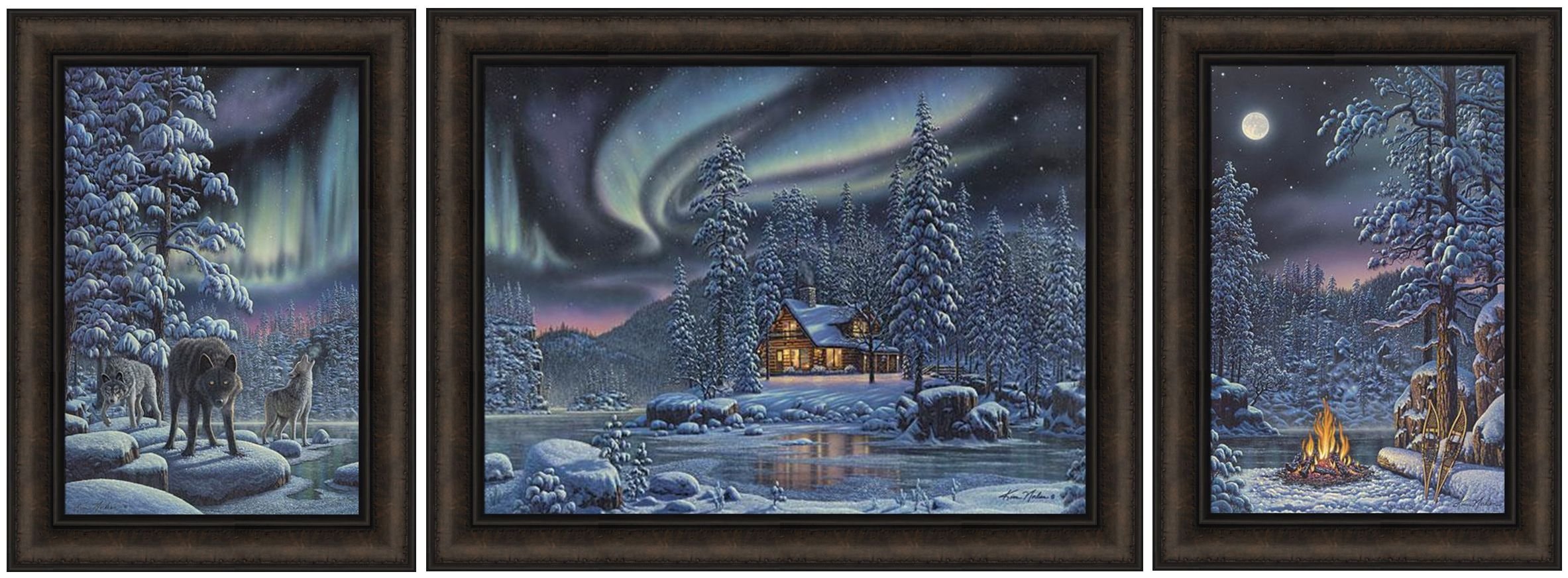Rivers of Life, Aurora Bliss and Fire & Ice Trilogy by Kim Norlien 3 Framed Print Grouping Northern Lights Wolves Log Cabin Winter Full Moon Stars Campfire Art Print Pictures