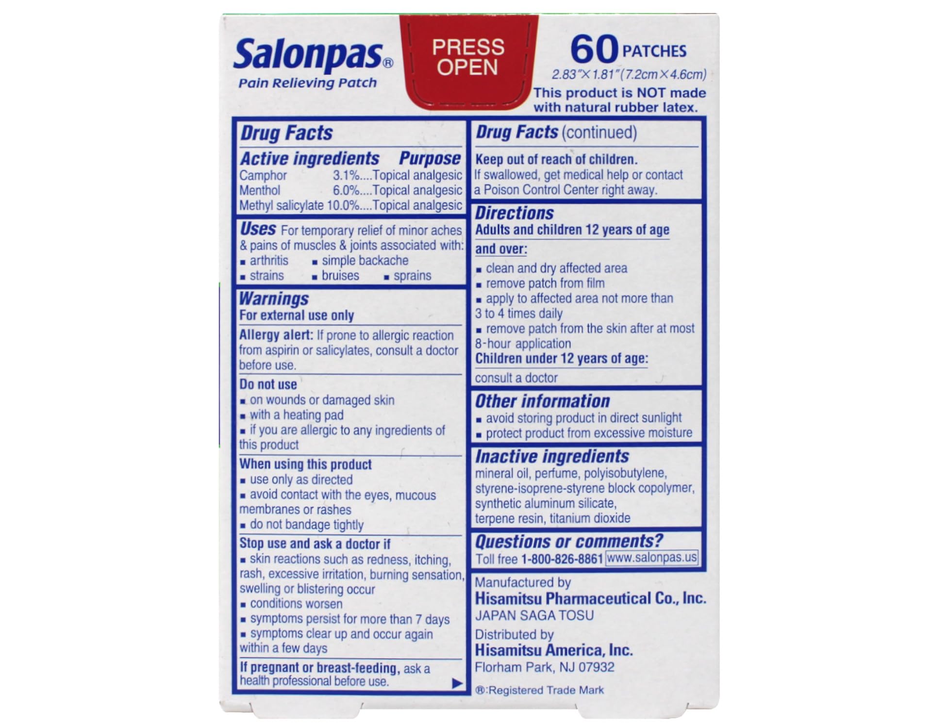 Salonpas Pain Relieving Patch, Extra Strength Topical Analgesic, 60 ct (Pack of 2)
