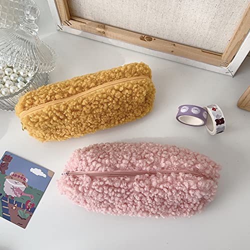 Faux Lambswool Pencil Case Student Zipper Plush Pencil Pouch for School Office Supplies, Solid Color Simple Pencil Case, High Capacity Portable INS Cosmetic Travel Zipper Bag 5 Colors Coffee