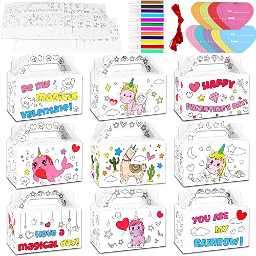 ZOIIWA 36 Sets Valentine's Day Treat Boxes DIY Color Your Own Unircon Goodie Boxes Valentine’s Party Favor Boxes Valentines Container Candy Box with Heart Tags for Kids School Classroom Supplies