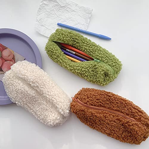 Faux Lambswool Pencil Case Student Zipper Plush Pencil Pouch for School Office Supplies, Solid Color Simple Pencil Case, High Capacity Portable INS Cosmetic Travel Zipper Bag 5 Colors Coffee