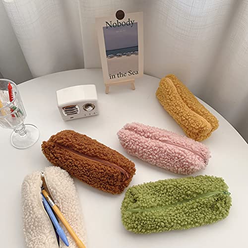 Faux Lambswool Pencil Case Student Zipper Plush Pencil Pouch for School Office Supplies, Solid Color Simple Pencil Case, High Capacity Portable INS Cosmetic Travel Zipper Bag 5 Colors Coffee