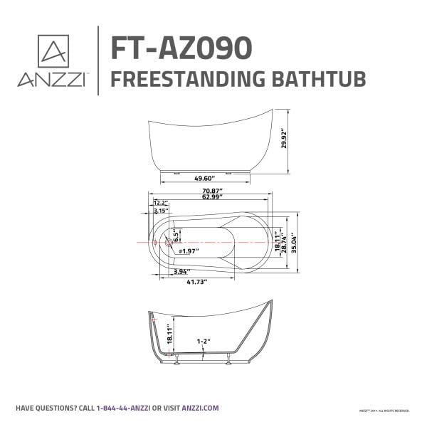 ANZZI Freestanding Tub 71" Modern Whirlpool, Glossy White Acrylic + Fiberglass, Stand Alone Soaker Hot Tub + Built-in Overflow & Drain for Bathroom, Talyah Serie (FT-AZ090)