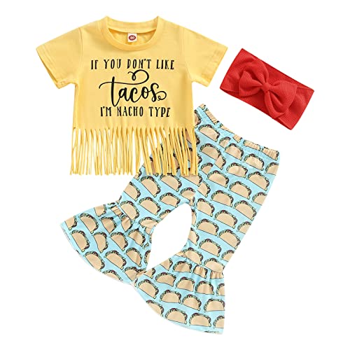 Toddler Baby Girl Summer Clothes Short Sleeve Tshirt Tassel Top Bell Bottoms Pants Spring Outfit Boho Clothing (Yello-Tacos Nacho,6-12 Months)