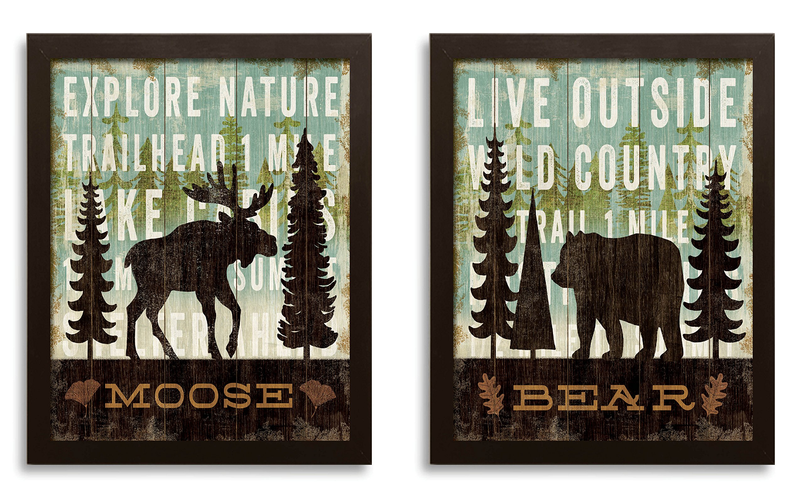 Rustic Forest Moose and Bear Set by Michael Mullan; Cabin Lodge Decor; Two 11x14in Brown Framed Prints; Ready to hang!