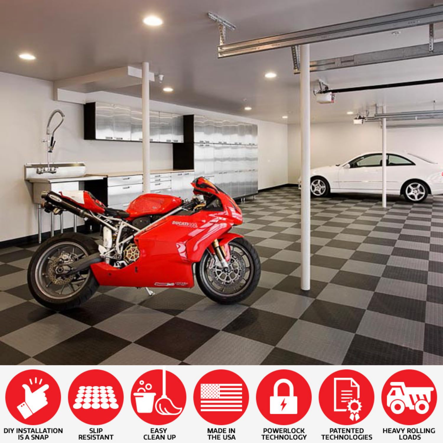 Big Floors GarageDeck Coin Pattern, Durable Copolymer Interlocking Modular Non-Slip Garage Flooring Tile (48 Pack), Black