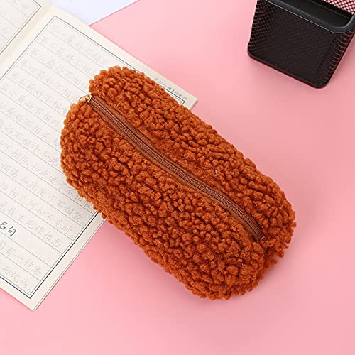 Faux Lambswool Pencil Case Student Zipper Plush Pencil Pouch for School Office Supplies, Solid Color Simple Pencil Case, High Capacity Portable INS Cosmetic Travel Zipper Bag 5 Colors Coffee