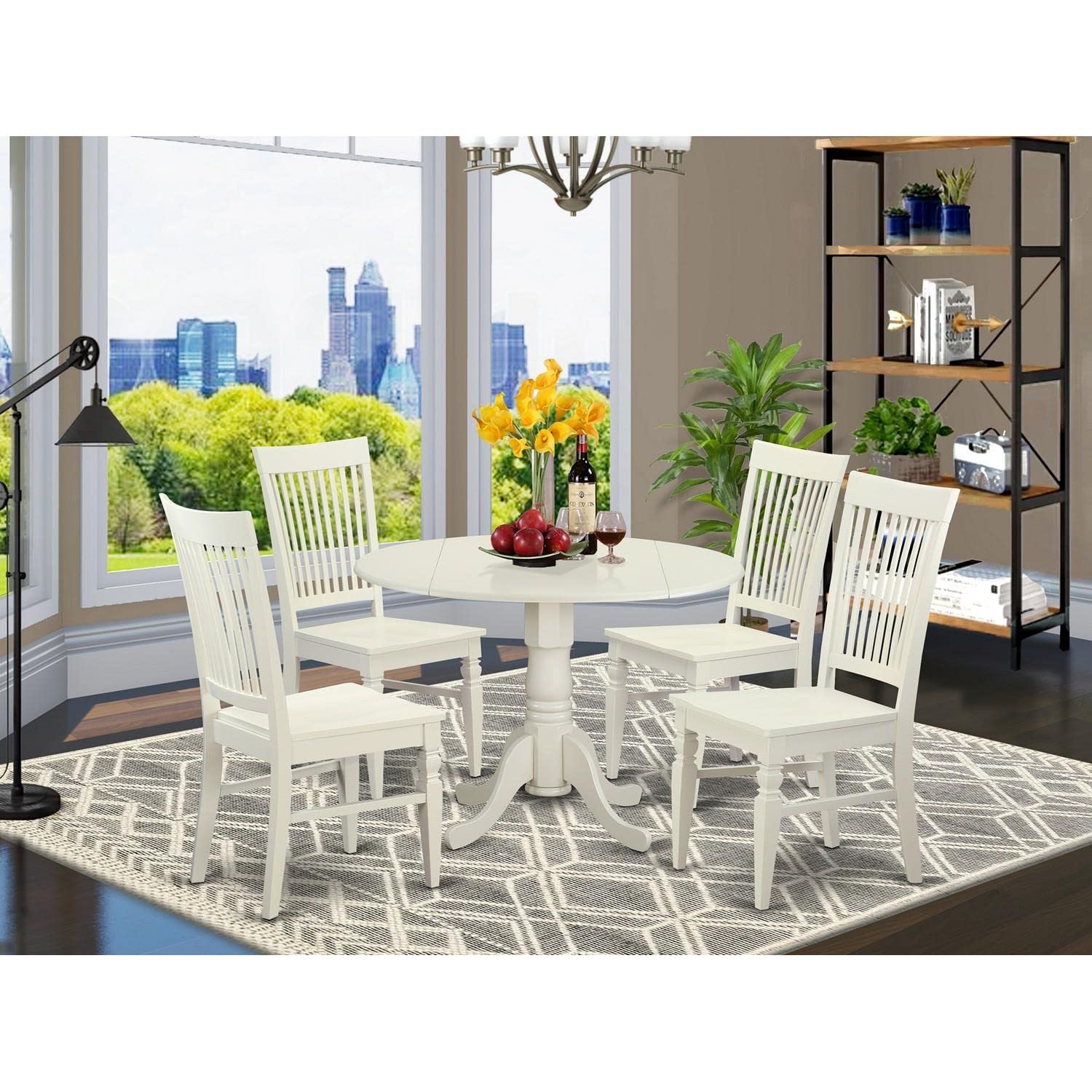East West Furniture DLWE5-WHI-W 5 Piece Dining Table Set for 4 Includes a Round Kitchen Table with Dropleaf and 4 Dining Room Chairs, 42x42 Inch, Linen White