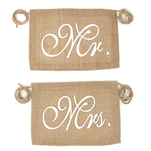 Honbay Mr and Mrs Chair Burlap Chair Banner Bride & Groom Chair Signs Garland for Vintage Rustic Wedding Decorations, Engagement Party Supplies