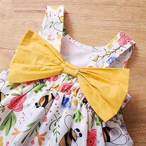 Toddler Girls Patchwork Bowknot Dress Bee Floral Prints Sleeveless Dresses Casual Soft Ruffle Swing Clothes (Yellow, 9-12 Months)