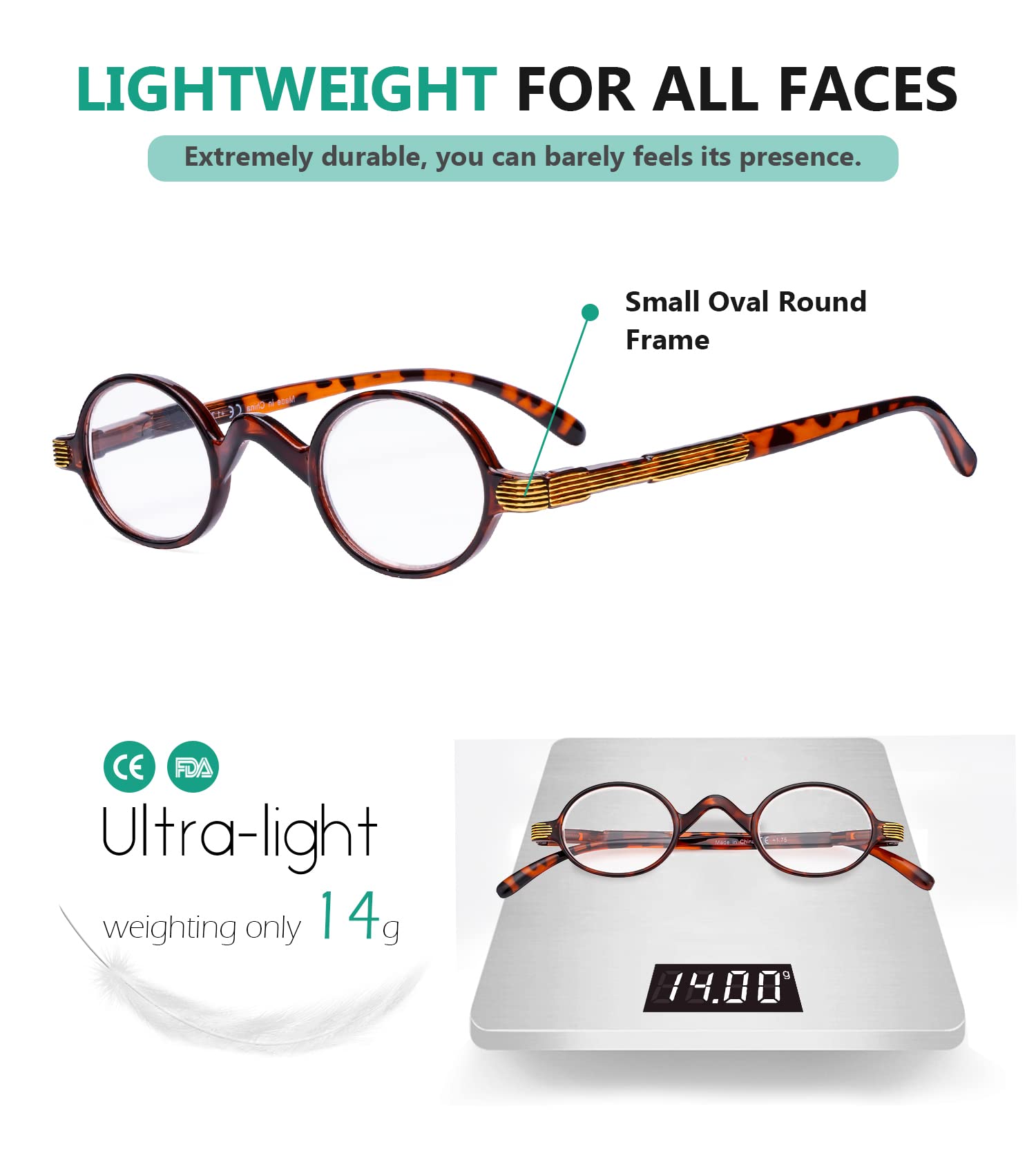 Eyekepper Small Oval Round Reading Glasses Vintage Mini Reader Eyeglasses for Men Women Reading with Spring Hinges Tortoise Frame +1.50