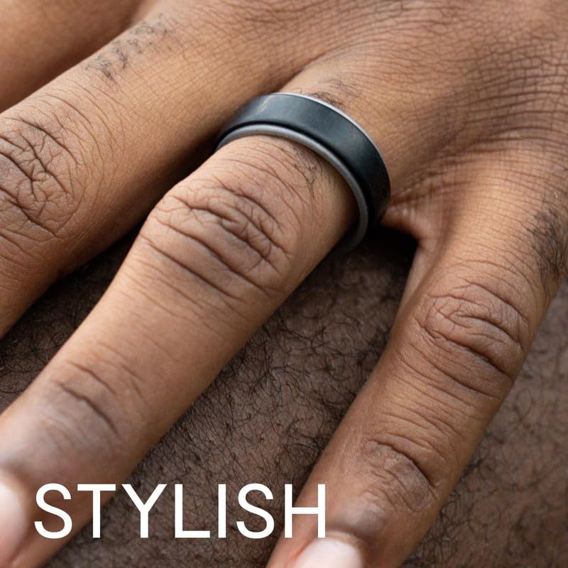 ROQ Silicone Rubber Wedding Ring for Men, Comfort Fit, Men's Wedding Band, Breathable Rubber Engagement Band, 8mm Wide 2mm Thick, Dome Style Middle Line, Solid Stripes, Single, Black & Red, Size 8