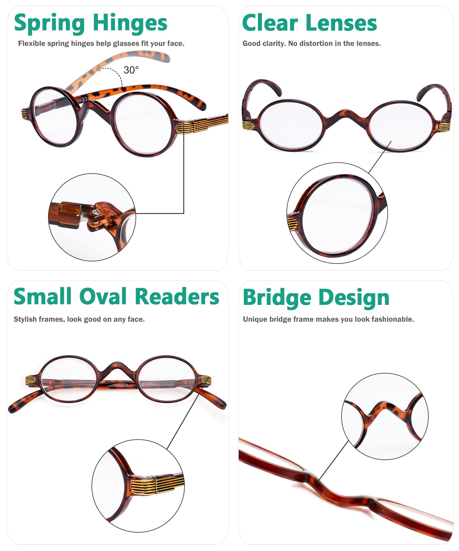 Eyekepper Small Oval Round Reading Glasses Vintage Mini Reader Eyeglasses for Men Women Reading with Spring Hinges Tortoise Frame +1.50