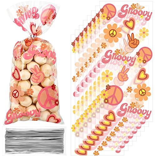 Pajean 100 Pcs Groovy Retro Hippie Boho Party Favors Bags Two Plastic Goody Treat 60's 70's Cellophane for Daisy Flower Birthday Baby Shower Wedding, Silver