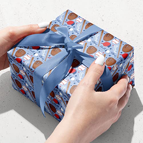 FIEHALA Flat Wrapping Paper Sheets - 12 Sheets with 4 Baseball Patterns - Pre cut & Folded Flat Design (20 inch × 27.5 inch per sheet)