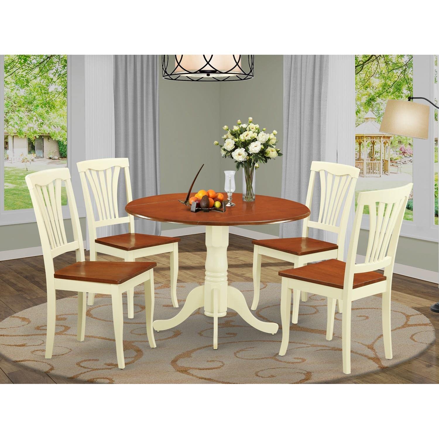 East West Furniture DLAV5-BMK-W 5 Piece Kitchen Table Set for 4 Includes a Round Dining Room Table with Dropleaf and 4 Solid Wood Seat Chairs, 42x42 Inch, Buttermilk & Cherry