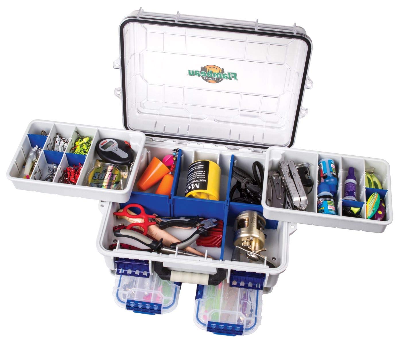 Flambeau Outdoors 3000WPBC Tackle Box - HD Waterproof Tackle Satchel System, Includes 2 Removable WP3012 Ultimate Waterproof Tuff Tainers, Floating Satchel, Fishing Tackle and Gear Storage, Gray/Clear