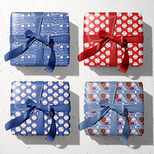 FIEHALA Flat Wrapping Paper Sheets - 12 Sheets with 4 Baseball Patterns - Pre cut & Folded Flat Design (20 inch × 27.5 inch per sheet)