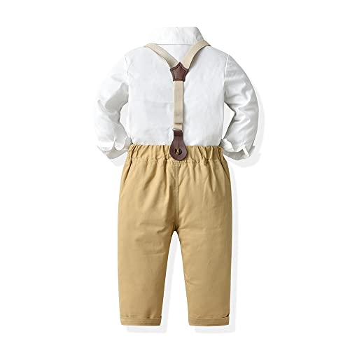Moyikiss Studio Toddler Dress Clothes Baby Boys Gentleman Outfits White Bowtie Shirts+Suspender Pants Sets(Khaki,70/6-12 Months)