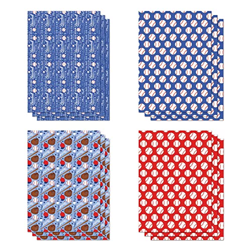 FIEHALA Flat Wrapping Paper Sheets - 12 Sheets with 4 Baseball Patterns - Pre cut & Folded Flat Design (20 inch × 27.5 inch per sheet)
