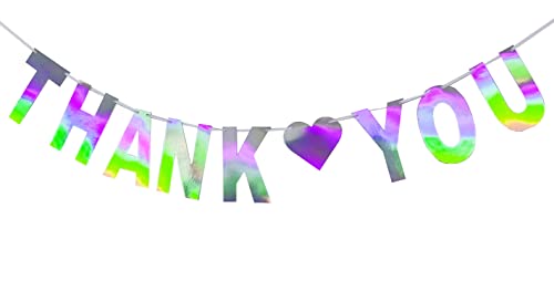 Blukey Holographic Thank You Banner Hanging Bunting String Flag Iridescent White Thanksgiving Banners and Signs