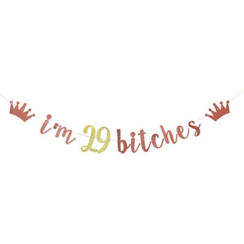 I'm 29 Bitches Banner, 29th Birthday Party Decor, Funny Twenty-nine Years Old Birthday Banner, Women’s 29th Birthday Party Decorations (Rose Gold)