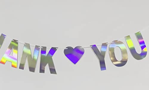 Blukey Holographic Thank You Banner Hanging Bunting String Flag Iridescent White Thanksgiving Banners and Signs