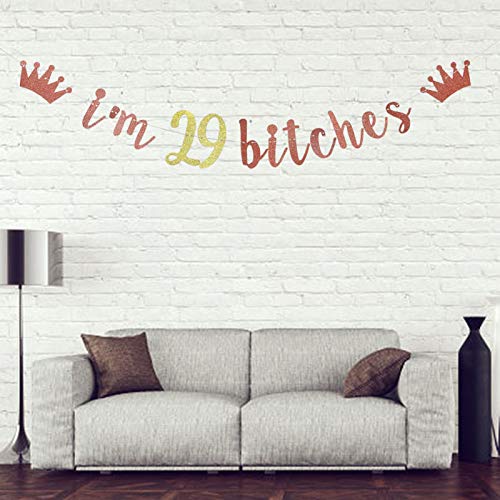 I'm 29 Bitches Banner, 29th Birthday Party Decor, Funny Twenty-nine Years Old Birthday Banner, Women’s 29th Birthday Party Decorations (Rose Gold)