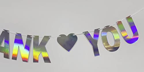Blukey Holographic Thank You Banner Hanging Bunting String Flag Iridescent White Thanksgiving Banners and Signs