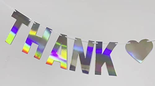 Blukey Holographic Thank You Banner Hanging Bunting String Flag Iridescent White Thanksgiving Banners and Signs