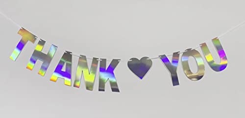 Blukey Holographic Thank You Banner Hanging Bunting String Flag Iridescent White Thanksgiving Banners and Signs