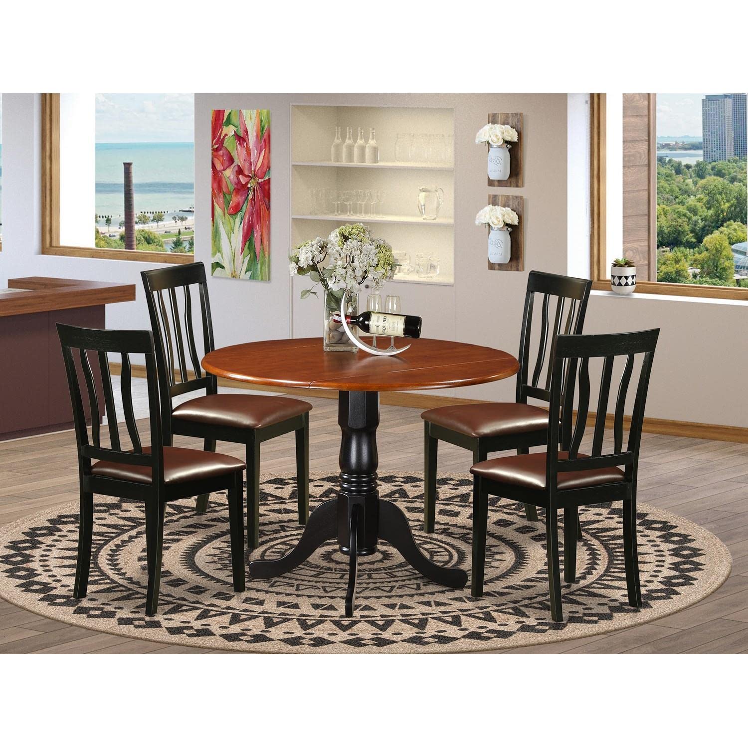 East West Furniture DLAN5-BCH-LC 5 Piece Dining Room Furniture Set Includes a Round Kitchen Table with Dropleaf and 4 Faux Leather Upholstered Dining Chairs, 42x42 Inch, Black & Cherry
