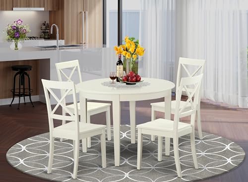 East West Furniture BOST5-WHI-W 5 Piece Modern Dining Table Set Includes a Round Kitchen Table and 4 Kitchen Dining Chairs, 42x42 Inch, Linen White