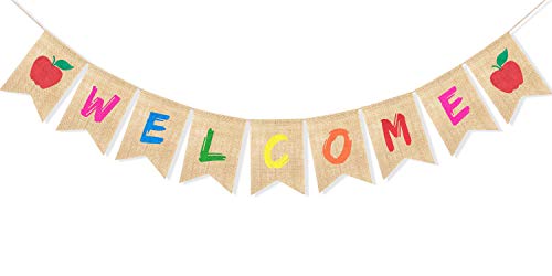 Uniwish Welcome Banner for First Day of School Classroom Decorations Garland Apple Themed Welcome Class Office Photo Backdrop