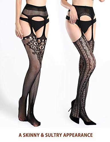 VERO MONTE 3 Styles Thigh High Stockings Fishnet Pantyhose for Women Garter Belt
