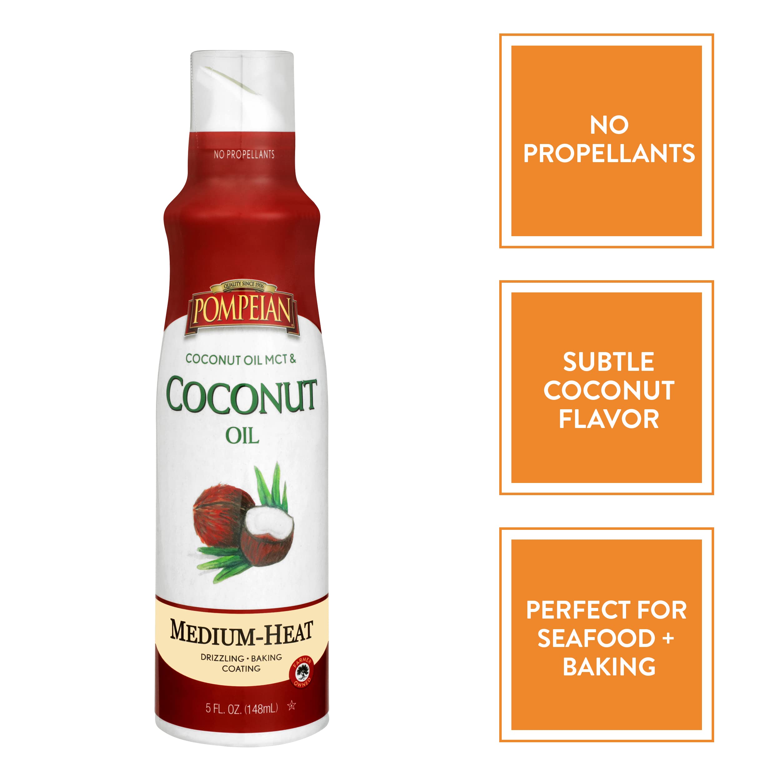 Pompeian Coconut Oil Non-Stick Cooking Spray, Subtle Coconut Flavor, Perfect for Seafood and Baking Coating, Naturally Gluten Free, Non-Allergenic, Non-GMO, No Propellants, 5 FL. OZ., Single Bottle
