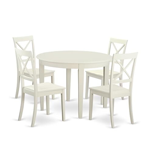 East West Furniture BOST5-WHI-W 5 Piece Modern Dining Table Set Includes a Round Kitchen Table and 4 Kitchen Dining Chairs, 42x42 Inch, Linen White