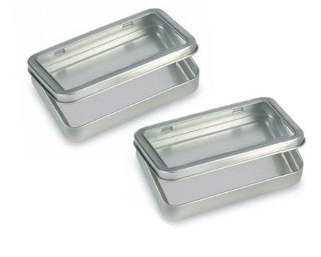 Rectangular Metal Storage Tin Box with Windowed Hinged Lid - Plain Silver Blank Storage Case, Survival Kit Tins 5.5" x 3.5" (2X)
